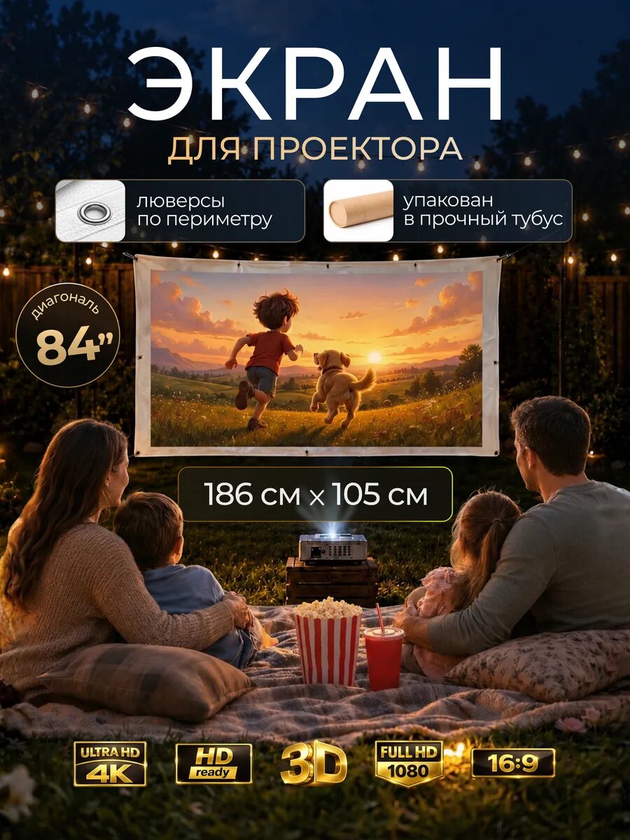 Экран для проектора на стену186Х105см 84 дюйма