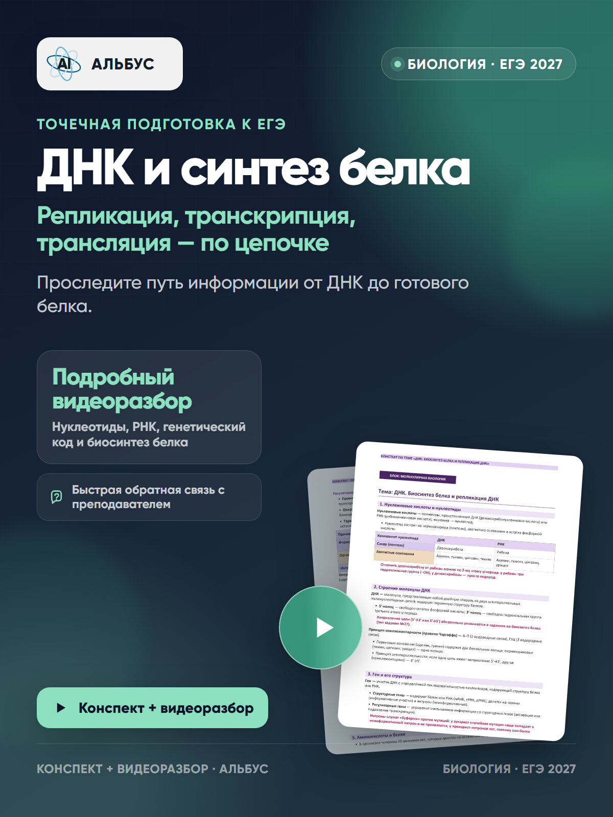 ЕГЭ-2027 по биологии: ДНК и биосинтез белка — конспект и видеоразбор Альбус