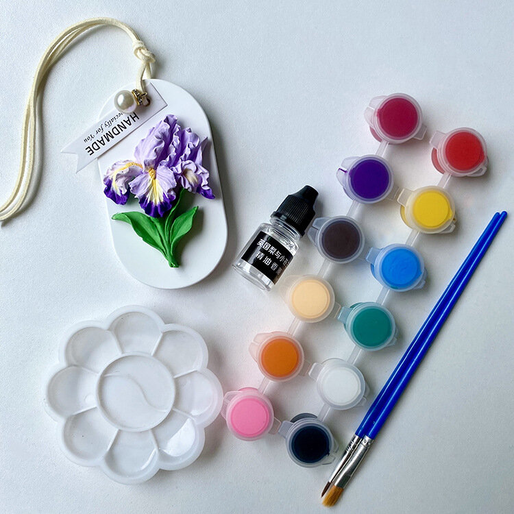 DIY Ирис белый гипсовый рельефный рисунок с жемчужной нитью, эфирным маслом, 12 цветами, палитрой