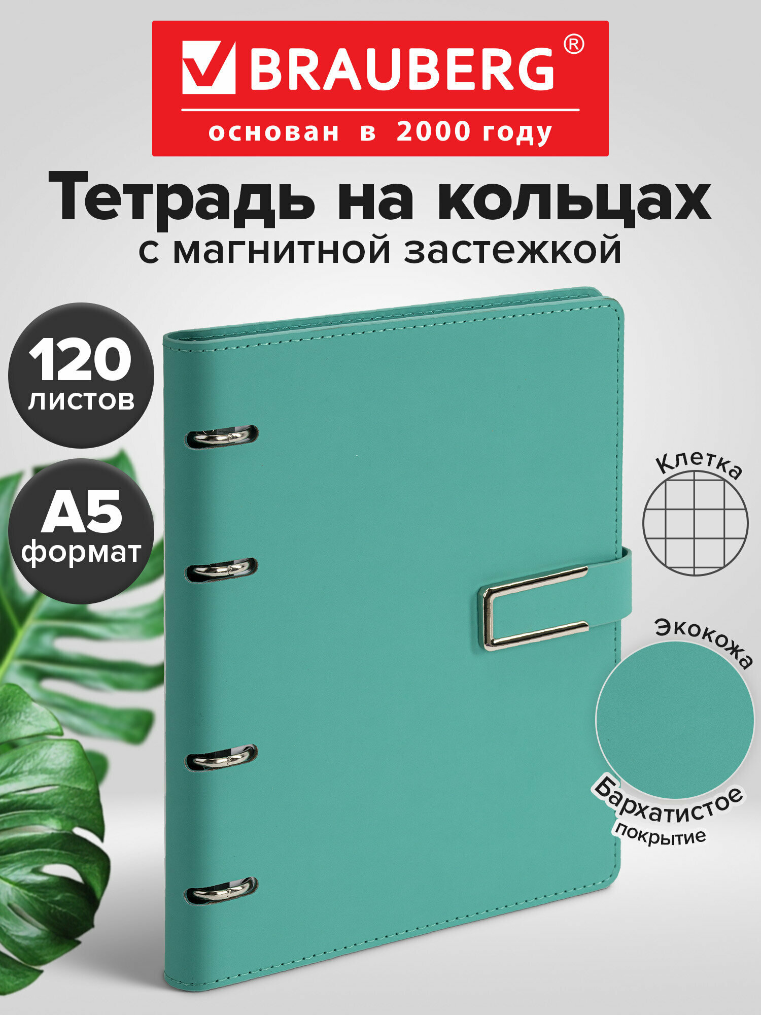 Тетрадь на кольцах А5 в клетку со сменным блоком 180х220 мм 120 листов, soft-touch, магнитная застежка, Brauberg, 405248