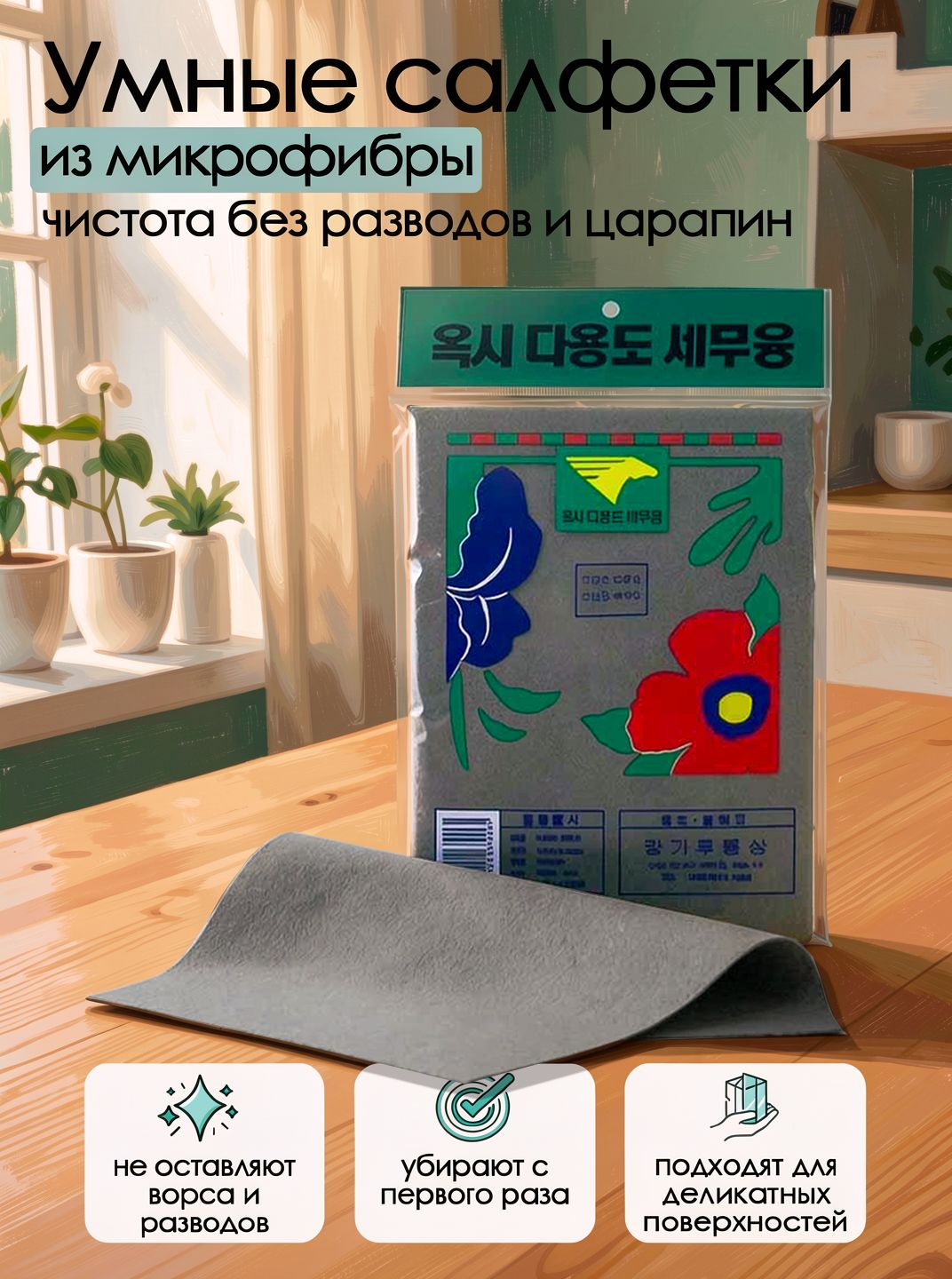 Умные Корейские салфетки для уборки из микрофибры, тряпки для уборки, 30*40 см, 1 шт.