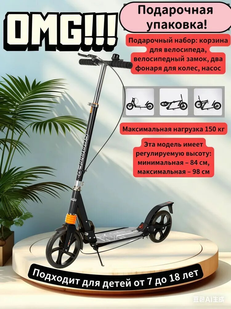 Двухколесный самокат G90, черный, для детей от 7 лет, максимальная нагрузка 150 кг