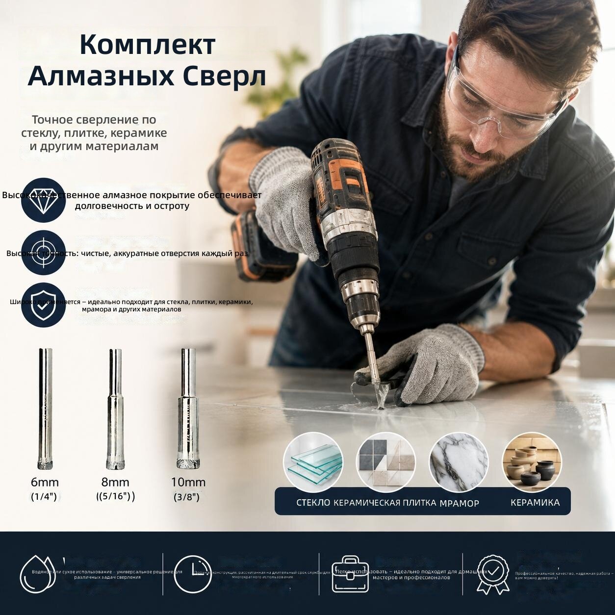 Алмазная коронка 8 мм (0.31 дюйма) для плитки, мрамора, стекла, керамики, серебристая