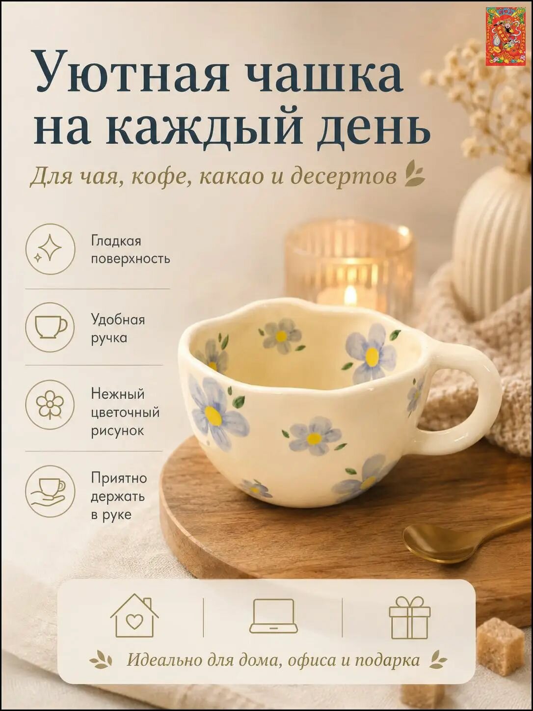 Кружка керамическая "Голубой цветочек" 300 мл, глазурованное покрытие, голубой дизайн, подарок для взрослых