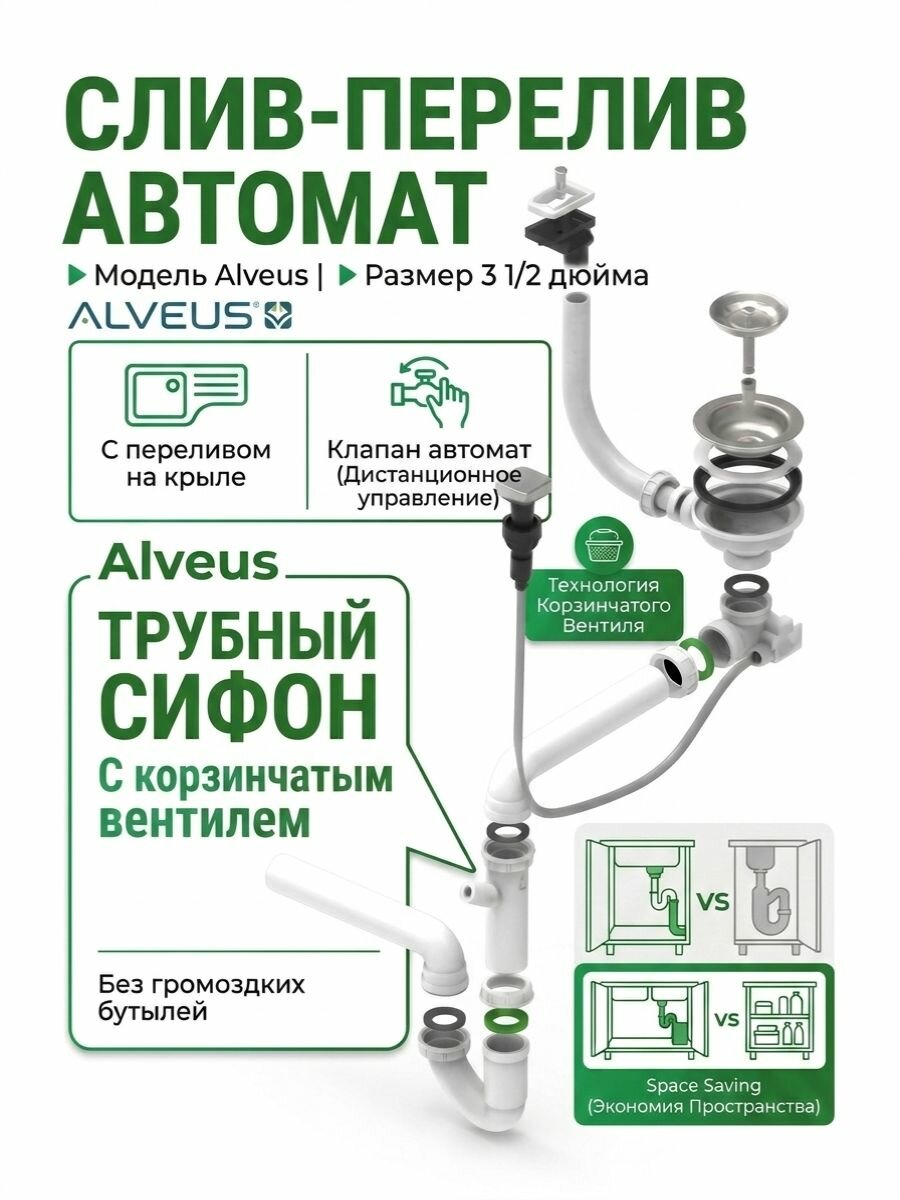 Одинарный сифон автомат 3 1/2 для кухонной мойки с горизонтальным переливом и корзинчатым вентилем, сделано в Словении