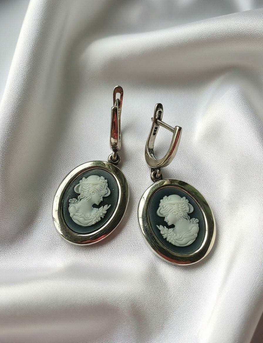 Серьги с подвесками, серебро, 925 проба, родирование, агат