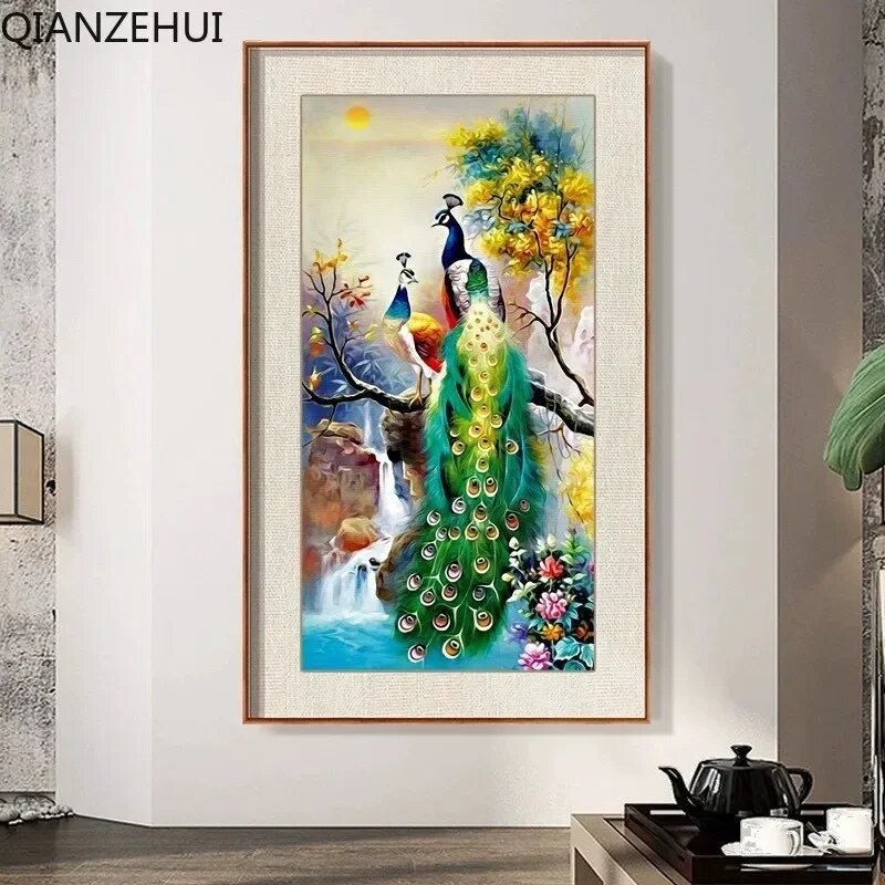 Набор для вышивки крестом QIANZEHUI, хлопковый, пейзаж, павлин 9CT 60x105cm, cotton -45 color