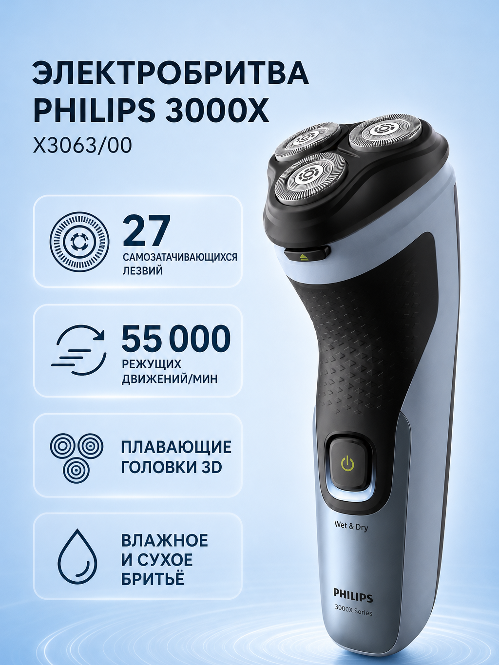 Электробритва роторная Philips X3063/00, для сухого и влажного бритья, черная/голубая