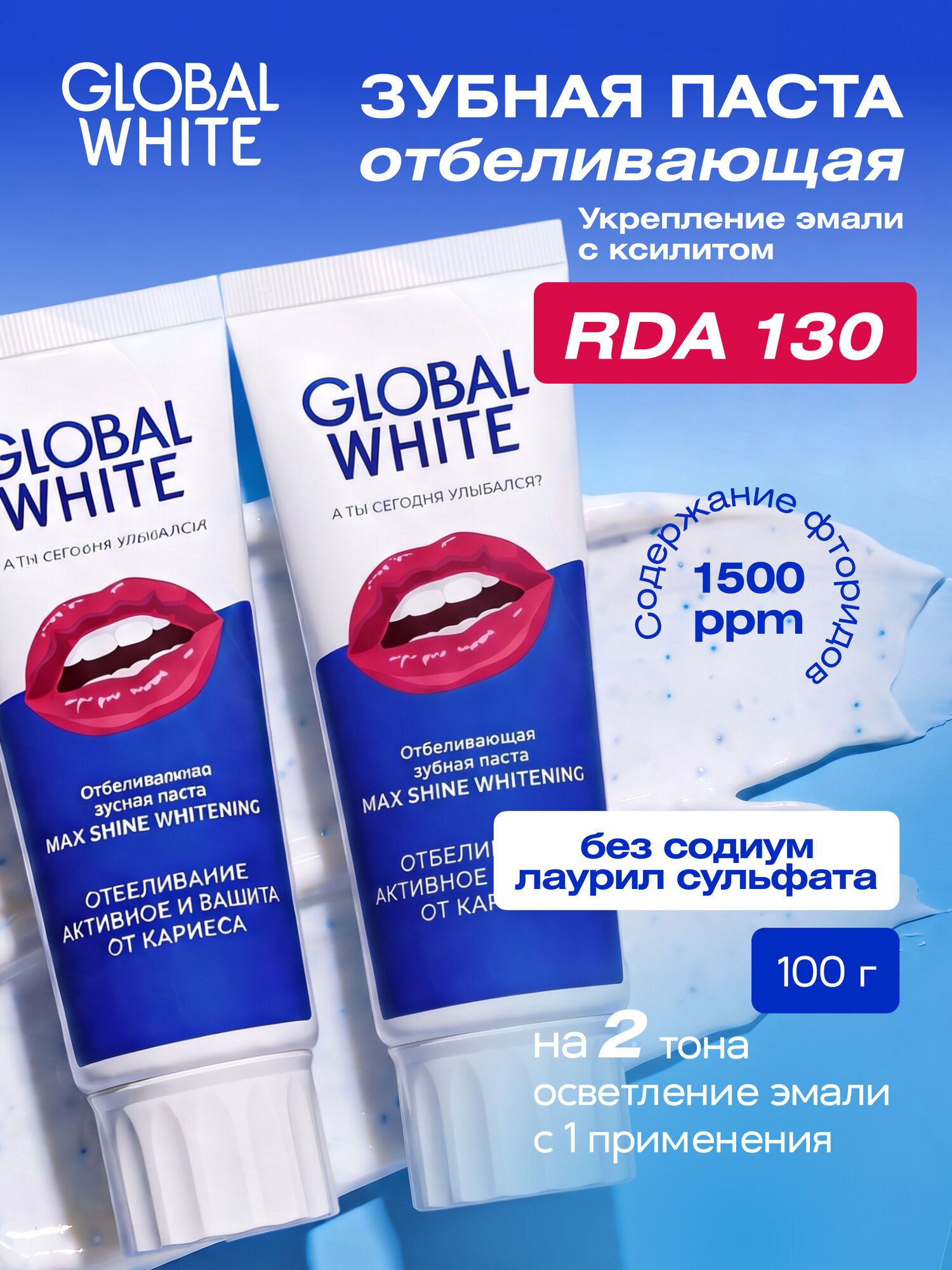Отбеливающая зубная паста Whitening Max Shine 100 гр - 2 шт GLOBAL WHITE отбеливание и защита от кариеса