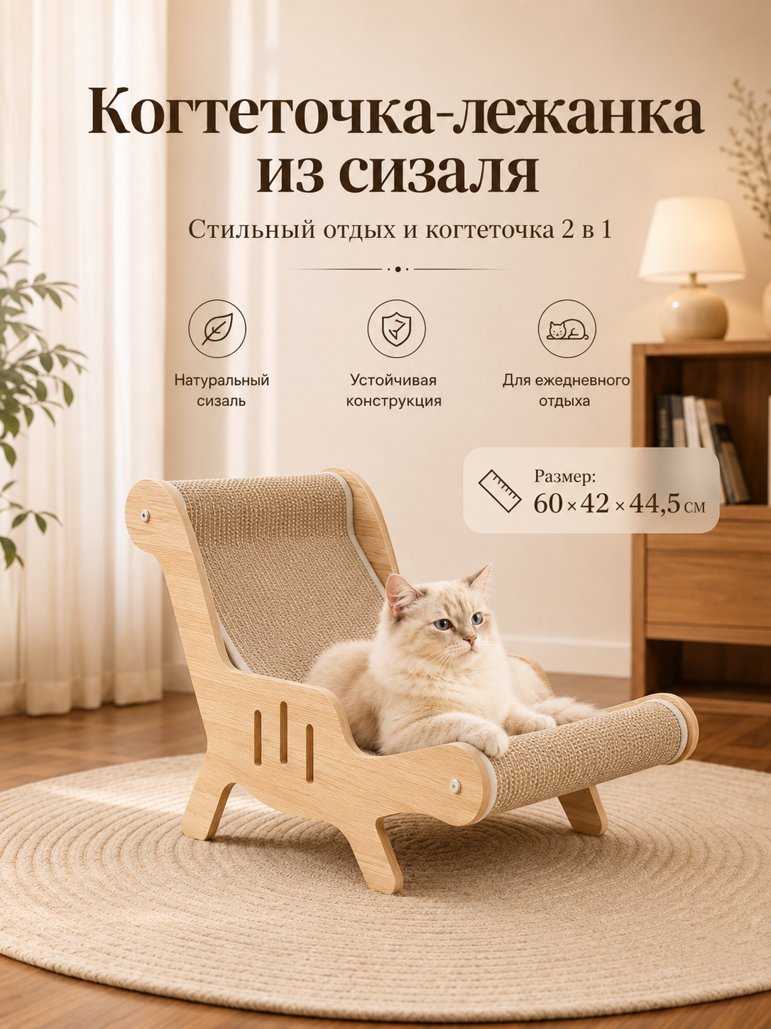 Когтеточка для кошек износостойкая, Диван Recliner с матом из сизаля идеальное место для отдыха и игр, 60x42x44.5cm