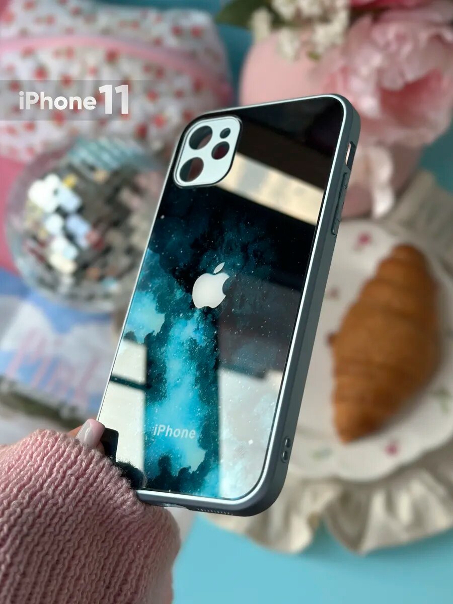 Чехол на iPhone 11 стеклянный с принтом, защитная накладка с эффектным дизайном и прочной поверхностью