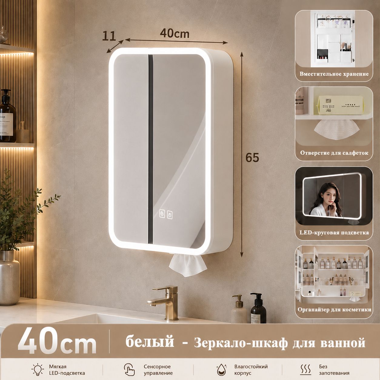 Тумба для ванной, 40х11х65 см