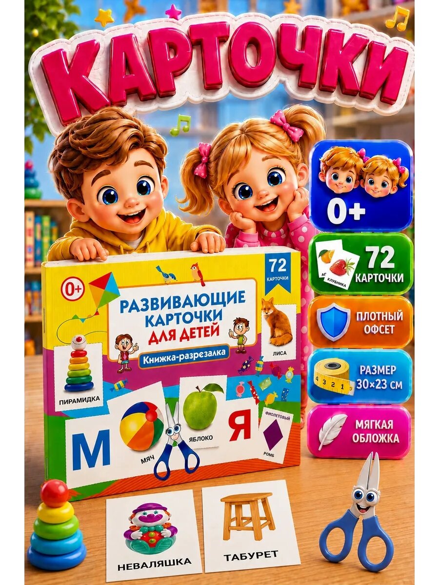 Развивающие карточки для детей. Книжка-разрезалка (72 карточки).