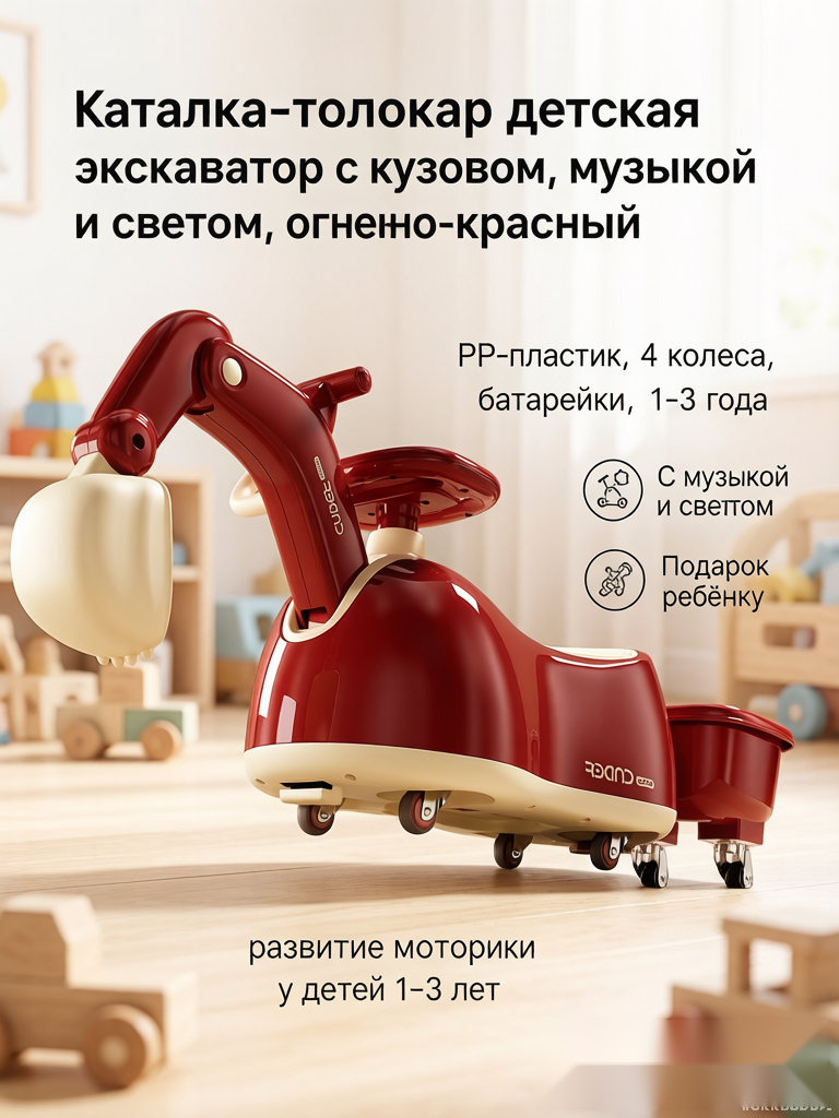 Каталка-толокар детская экскаватор с кузовом, музыкой и светом, огненно-красный, 47×27×30 см