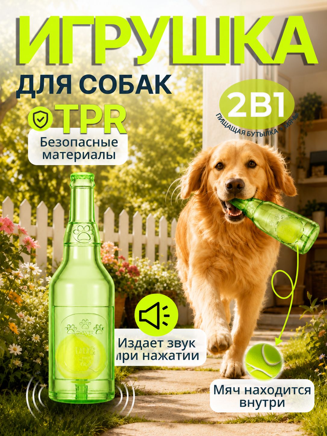 Игрушка для собак "Винная бутылка" с пищалкой и теннисным мячом внутри Прочная жевательная игрушка для средних пород