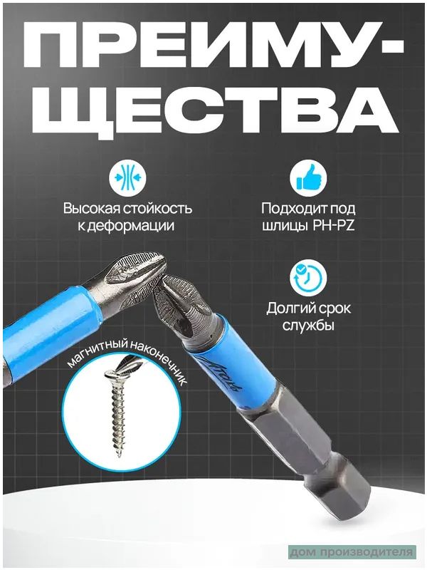 Набор бит 12 шт для шуруповерта, сталь S2, магнитные, 6 размеров PH/PZ, 1/4" шестигранник