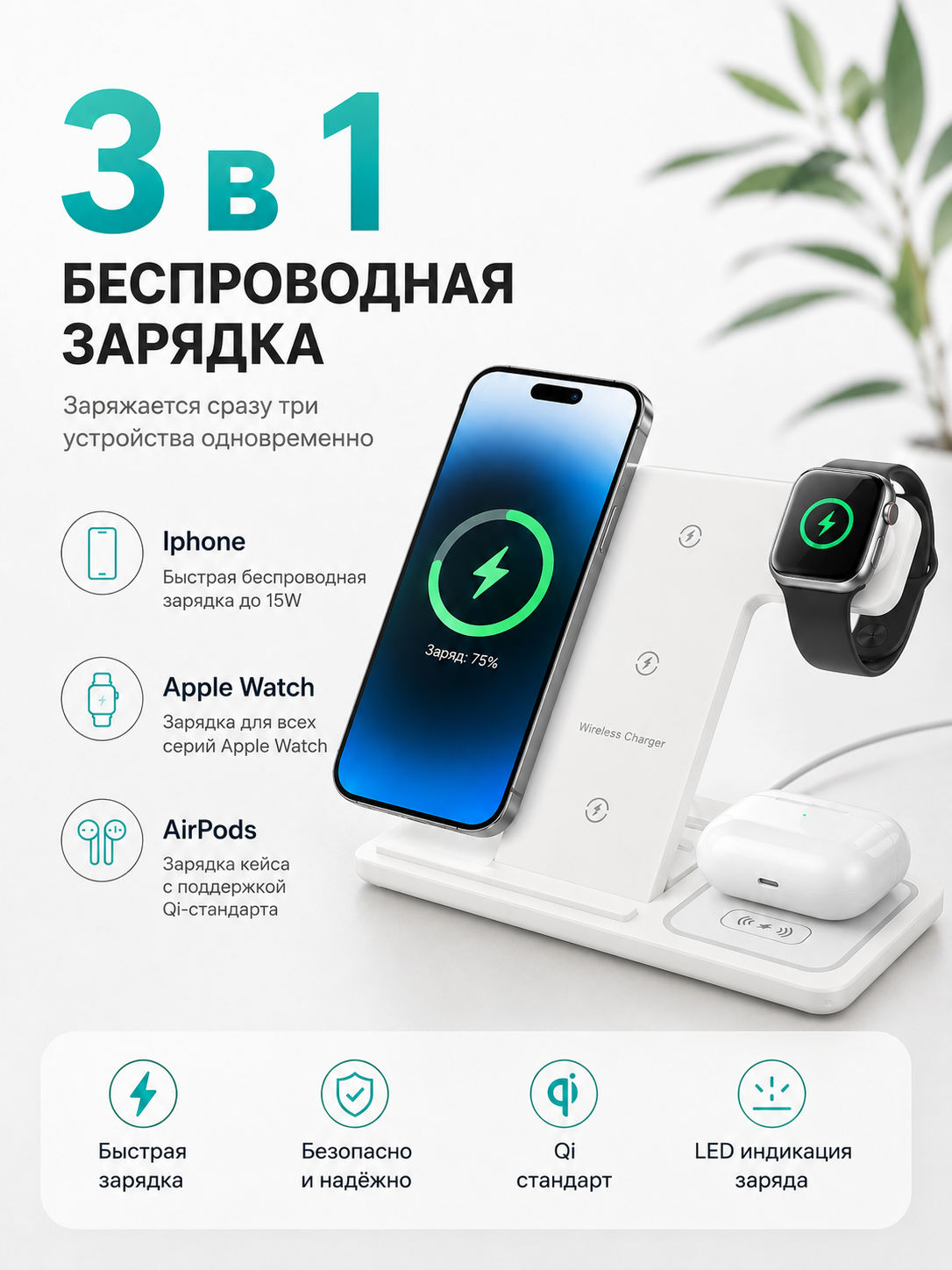 Зарядная станция "3 в 1", с функцией быстрой зарядки для IPHONE