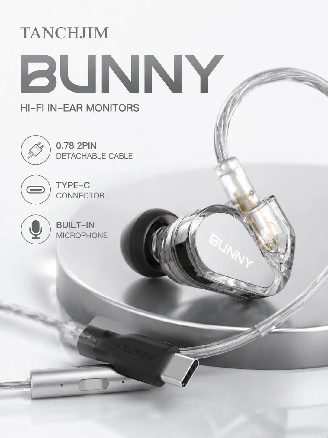Tanchjim Наушники проводные с микрофоном Наушники проводные внутриканальные TANCHJIM Bunny Type-C, игровые Hi-Fi IEM наушники с DSP и съемным кабелем 0.78 мм, USB Type-C, белый, серебристый