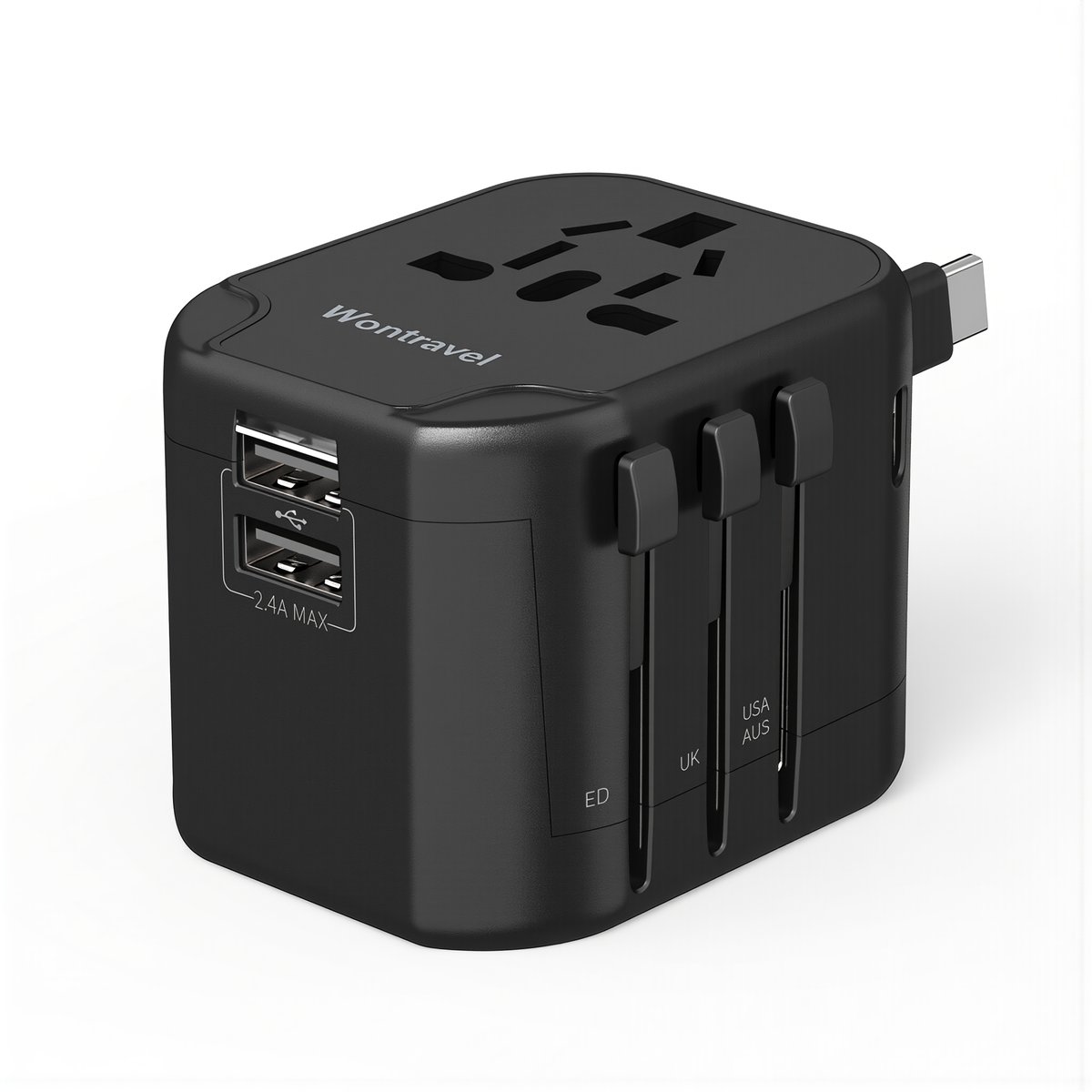 Переходник для путешествий универсальный с 2 USB и Type-C 2.4A адаптер розетка для стран Евросоюза США Англии Австралии