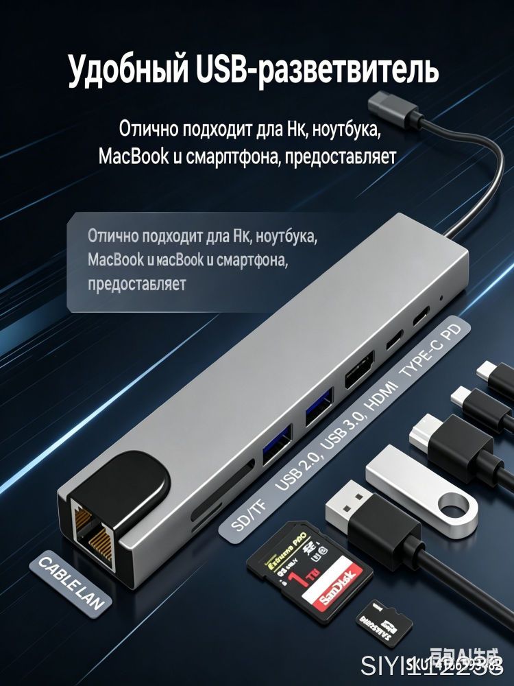 USB концентратор хаб type-C адаптер-переходник 8 в 1: HDMI 4K, RJ45, MicroSD, USBx2, TypeC Power Delivery 87W для macbook для ноутбука кабель
