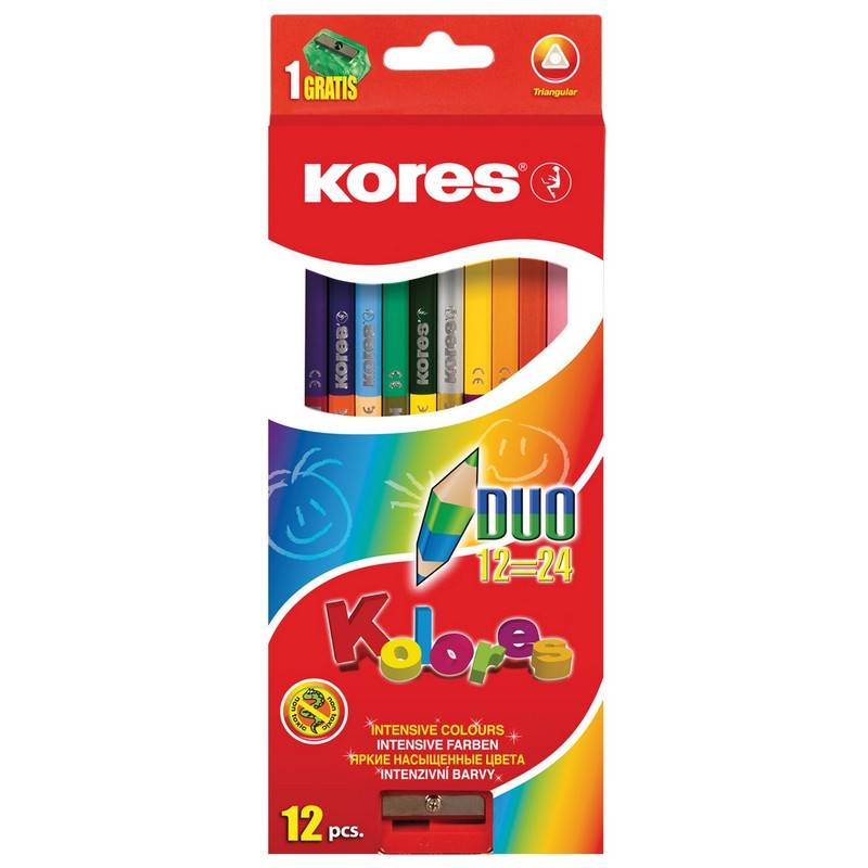 Карандаши цветные Kores Duo 24 цвета (двусторонние) трехгранные с точилкой 128906