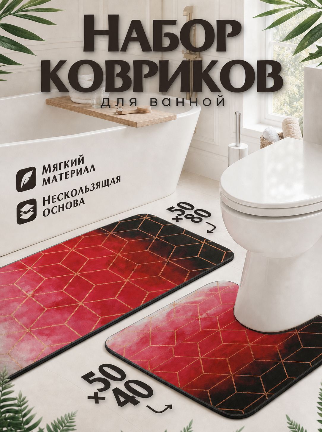 Коврики для ванной и туалета 50х80 см и 50х40 см, противоскользящие, набор ковриков красный