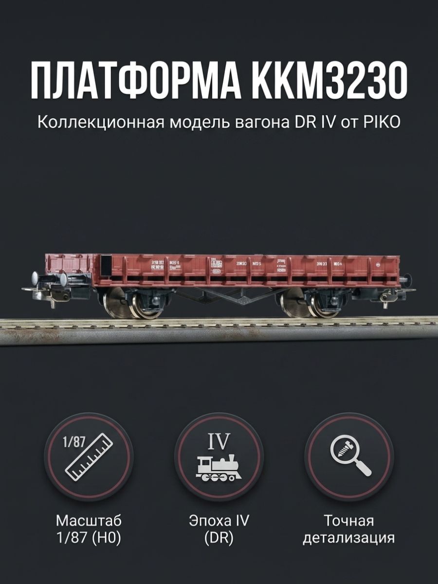 57717 PIKO Платформа 2-хосная FLATCAR KKM3230 DR IV - модель для игрушечной железной дороги H0 1/87 16,5мм