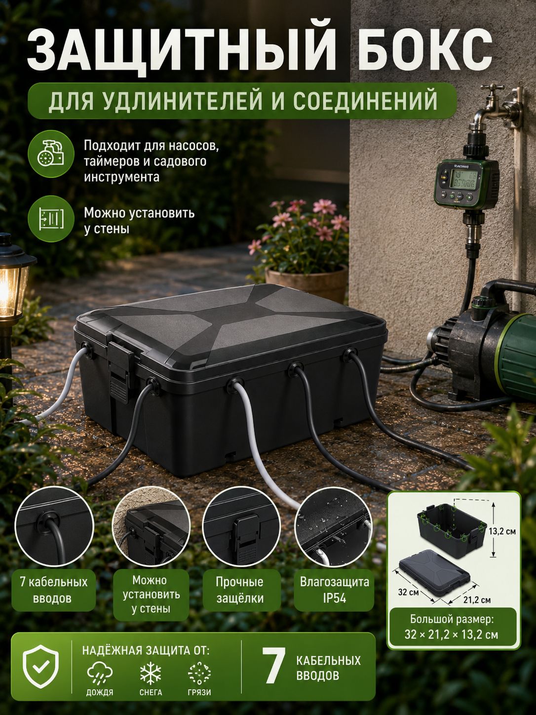 Защитный бокс для соединения удлинителя 32*21,2*13,2 см, 7 кабельных вводов, уличный короб для вилки, розетки и таймера
