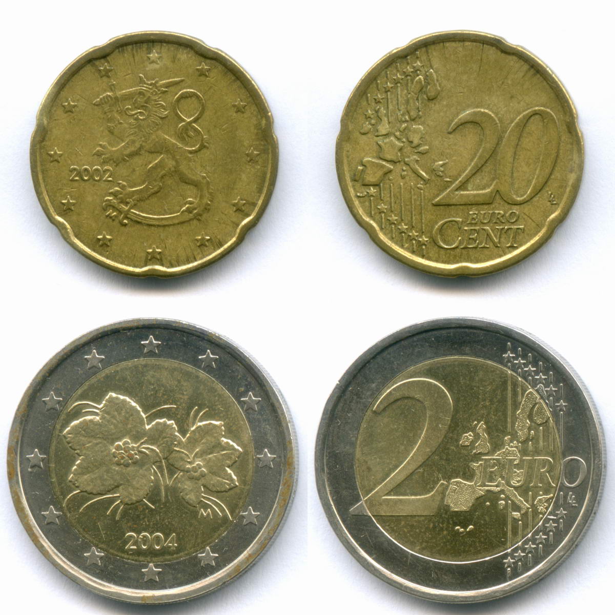 20 евроцентов 2002 год. Тип 1. VF-XF и 2 евро 2004 год. Финляндия. Регулярный выпуск. Тип 1. Биметалл XF