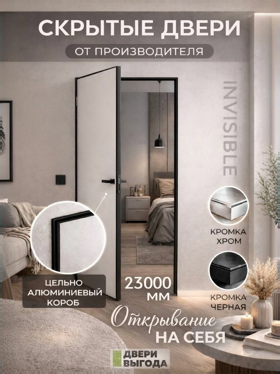 Скрытая дверь invisible 600x2300, алюминиевый короб, под покраску, комплект с петлями и магнитным замком черная кромка (Л) на себя