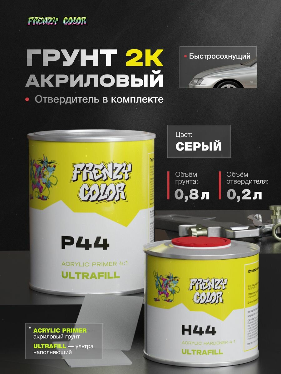 Грунтовка для автомобиля 2К 4:1 серый 0,8 л + 0,2 л комплект с отвердителем, акриловая выравнивающая, порозаполняющая / FRENZY COLOR / грунт автомобильный двухкомпонентный для ремонта кузова