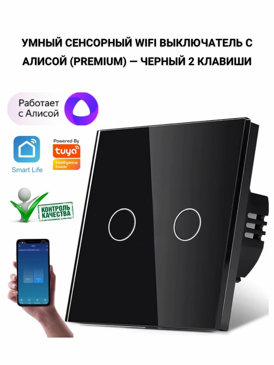 Умный сенсорный выключатель Wi-Fi с Алисой Premium, 2 клавиши, черный