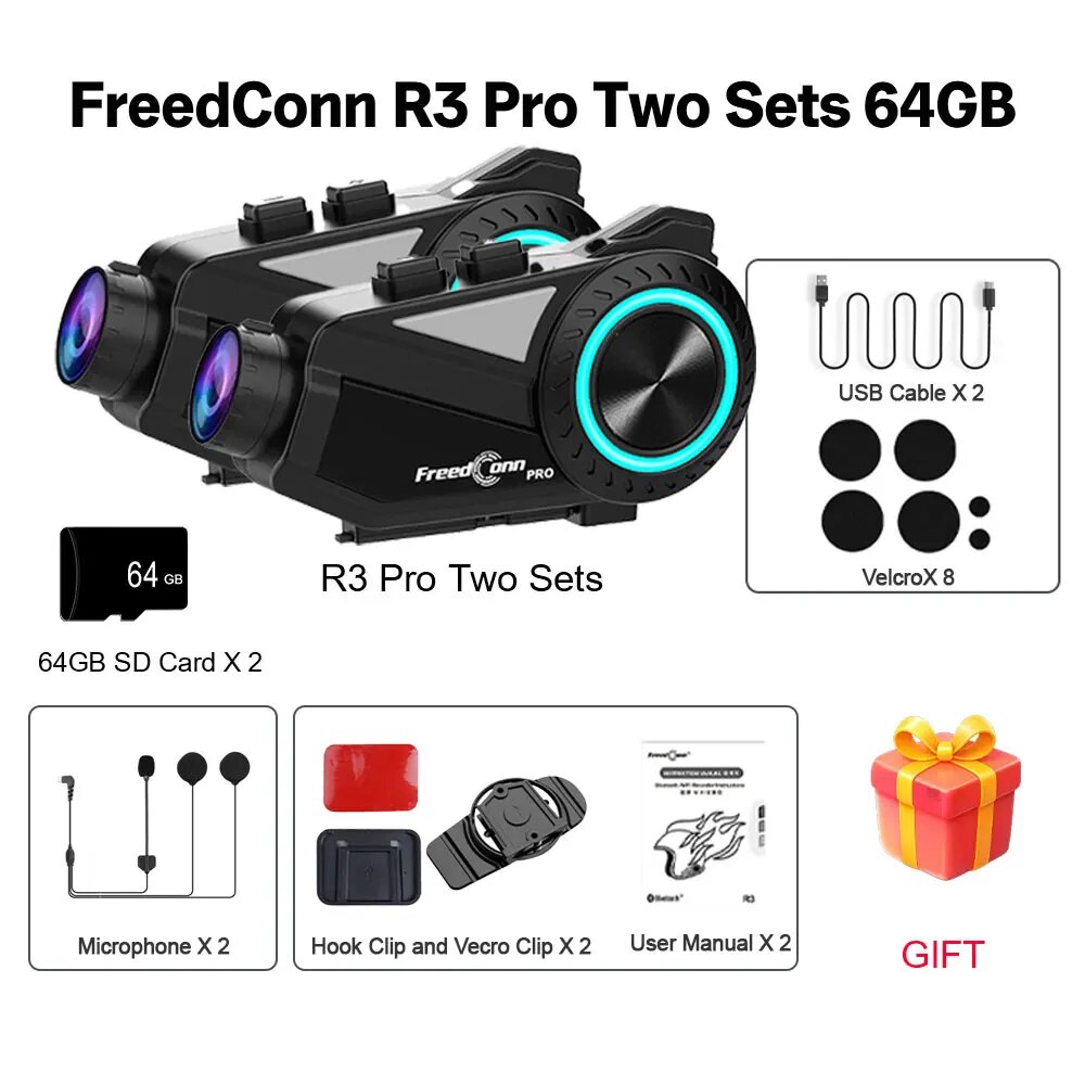 Группа Freedconn, мотоциклетный домофон, шлем, гарнитура, автоматический Two Sets 64GB