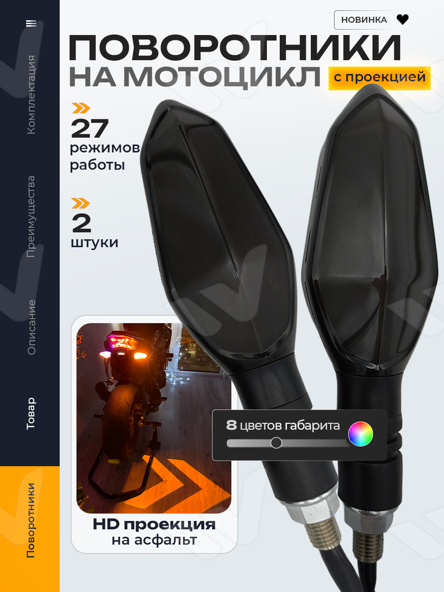 Светодиодные поворотники с габаритами, проекцией на асфальт для мотоциклов, скутеров и квадроциклов ромб 2шт
