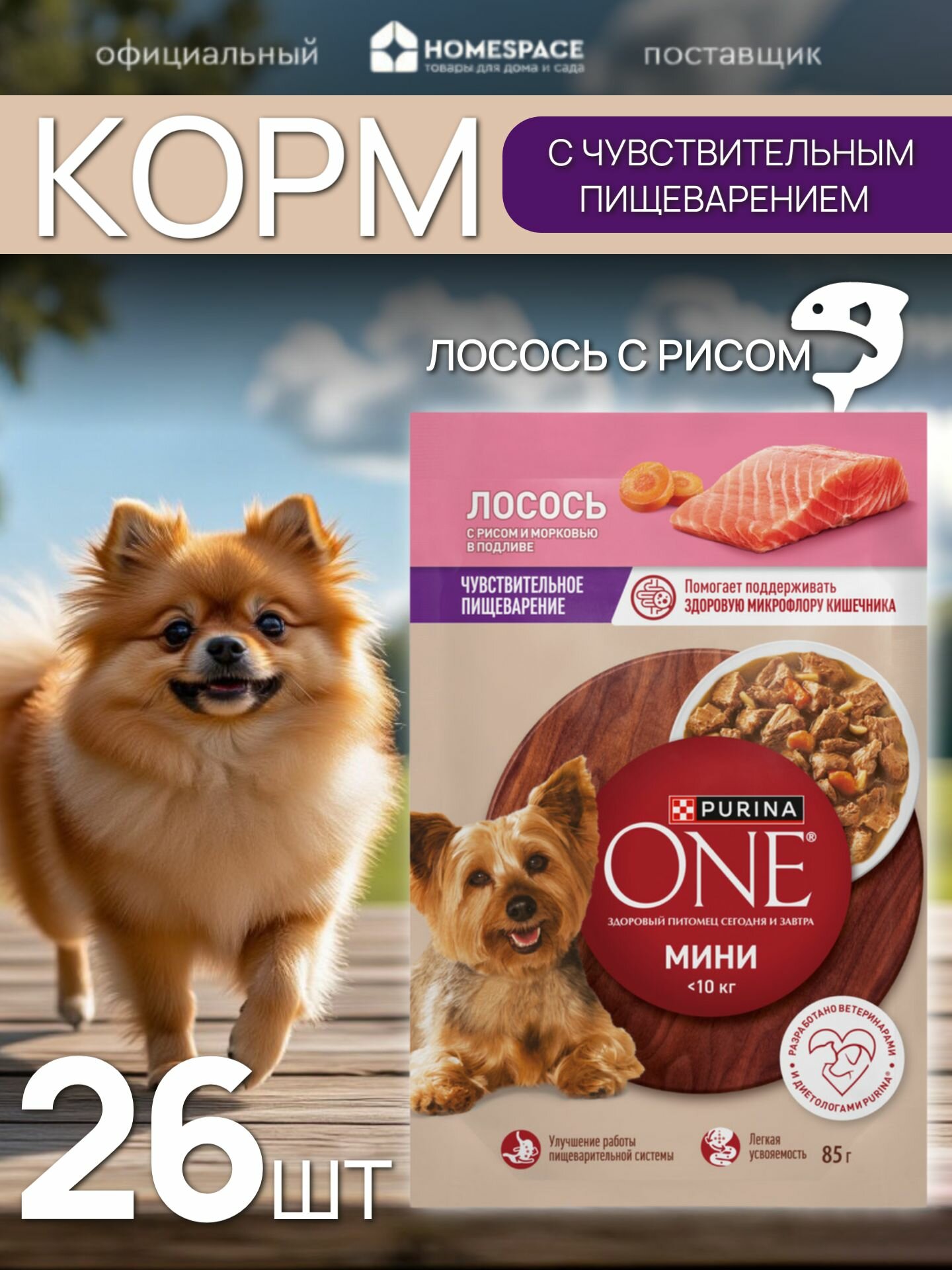 Влажный корм Purina ONE Мини Чувствительное пищеварение для взрослых собак мелких пород с чувствительным пищеварением, с лососем, рисом и морковью в подливе, пауч, 26х85 г