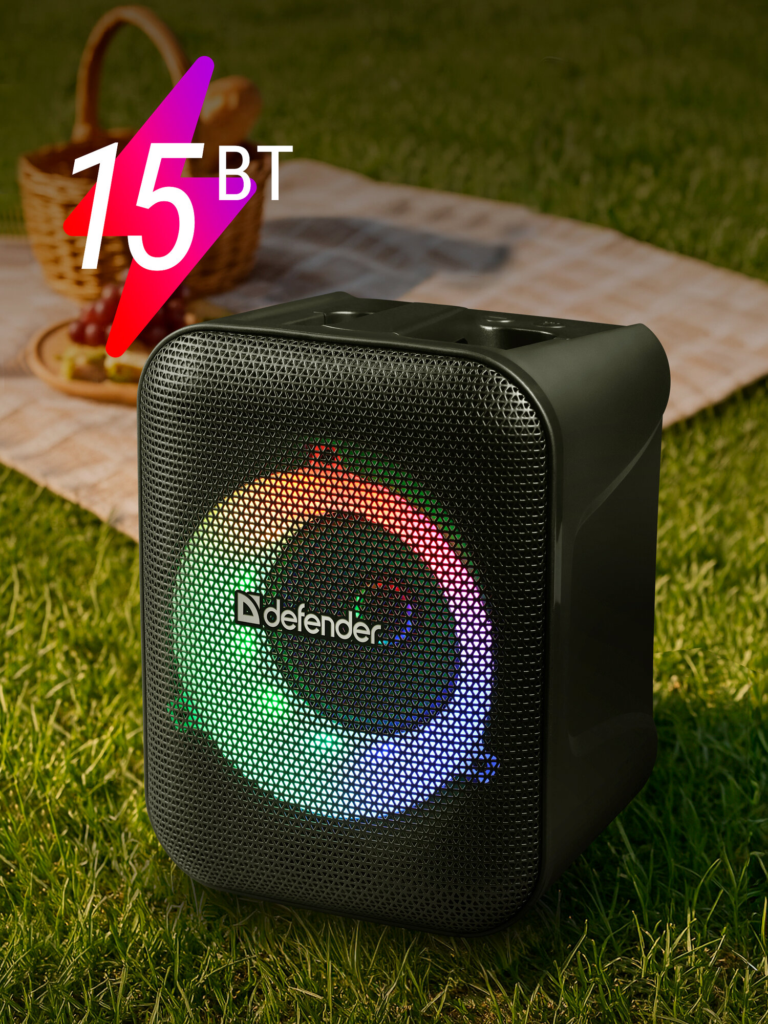 Колонка блютуз беспроводная Defender Бумер 14 15Вт с подсветкой, USB, MicroSD, AUX, Разъем для микрофона