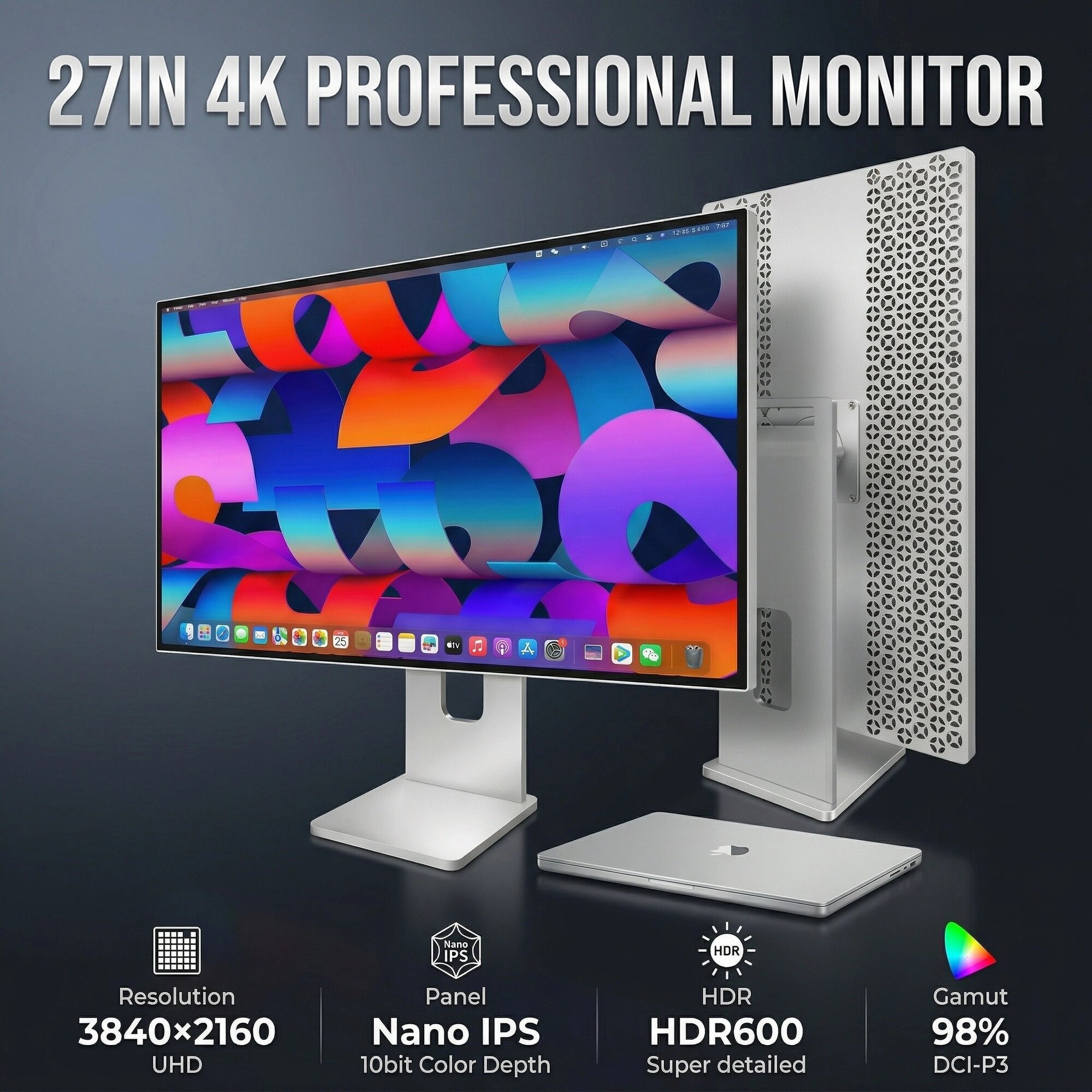 27" 4K IPS монитор с HDR600, 98% DCI-P3, 60Hz, 400 NIT яркость, USB-C 65 Вт обратная зарядка, FreeSync, идеально подходит для графического дизайна и пользователей Mac