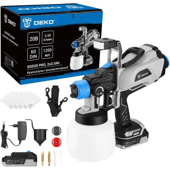 Краскопульт аккумуляторный Deko SG20DK PRO, 20В, 1200 мл, 2x3.0Ач (083-1136)