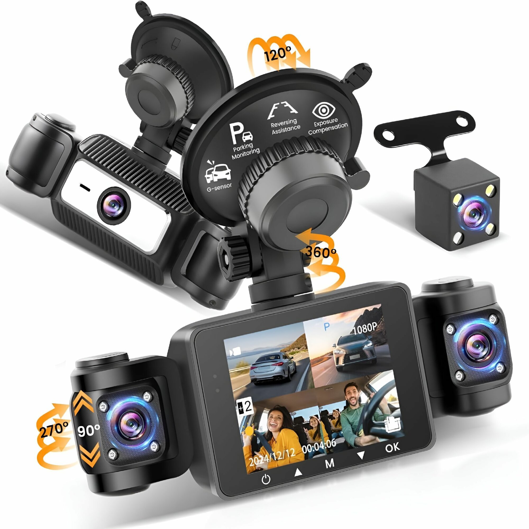 Видеорегистратор GJX 360 градусов (4 камеры): 4-канальная запись 1080P, экран 2.4", ночное видение, режим парковки