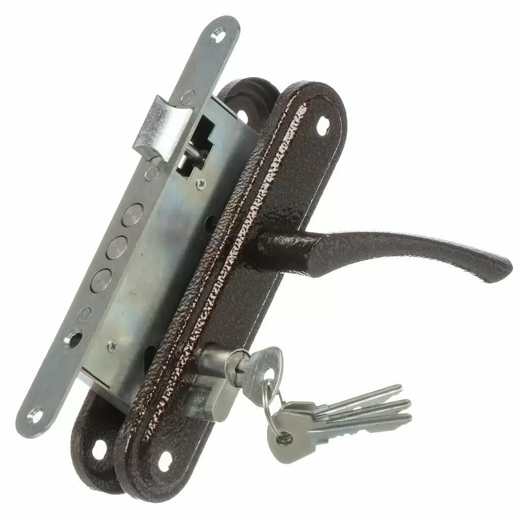 Замок врезной Омега ЗВ4.2-01 цилиндровый с ручкой в комплекте, цвет медь, межосевое расстояние 55 мм, 4 ключа, Россия