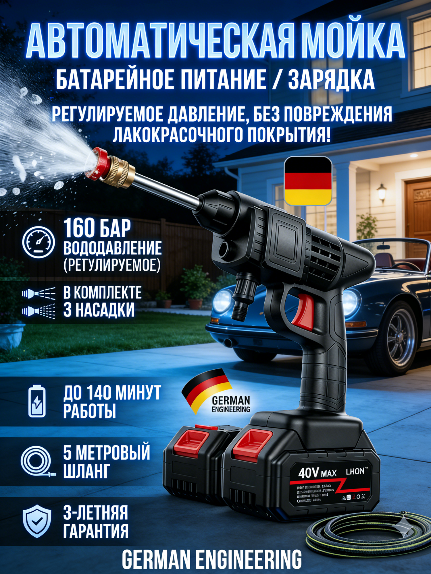 Аккумуляторная автомойка , высокого давления, для автомобиля, в кейсе 2 аккумулятора, минимойка с пистолетом