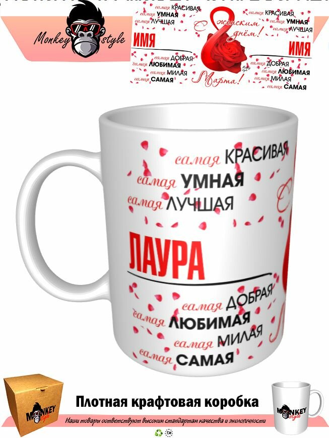Кружка принтом «8 марта. Лаура Самая самая», 330 мл, белая кружка Премиум качества, авторский принт
