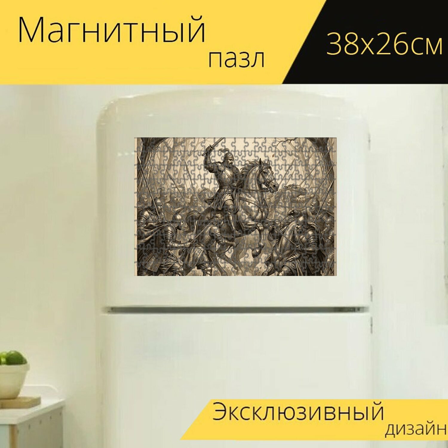 Магнитный пазл "Средневековая битва рыцарей в лесу. Воин на вздыбленном коне с мечом среди сражающихся латников и копейщиков. Винтажная гравюра в сепии." для интерьера, 38х26 см.