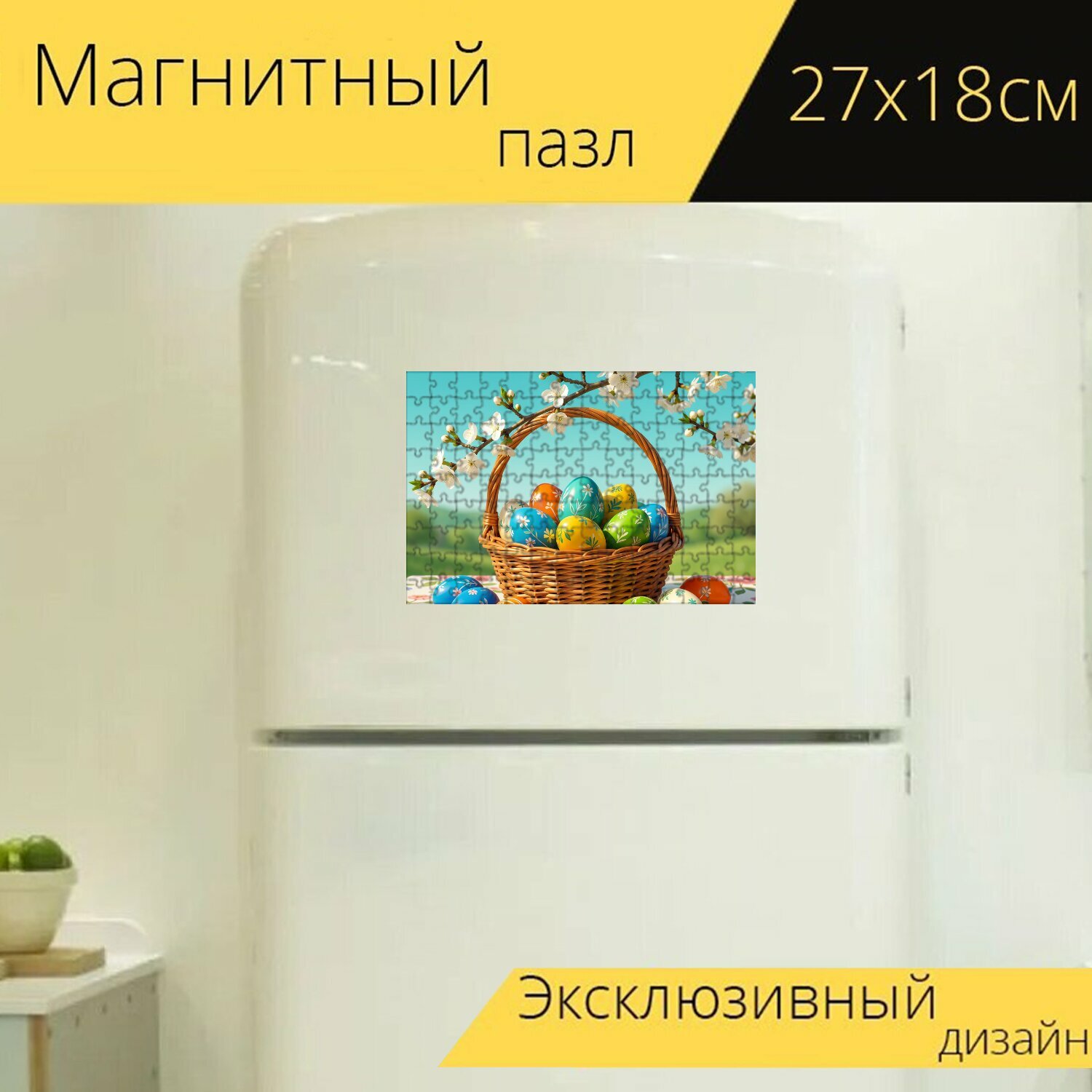 Магнитный пазл "Пасхальная корзина с яйцами. Плетеное лукошко с яркими расписными крашенками, ветками цветущей вишни и нежным весенним фоном. Солнечная." на холодильник 27 x 18 см.