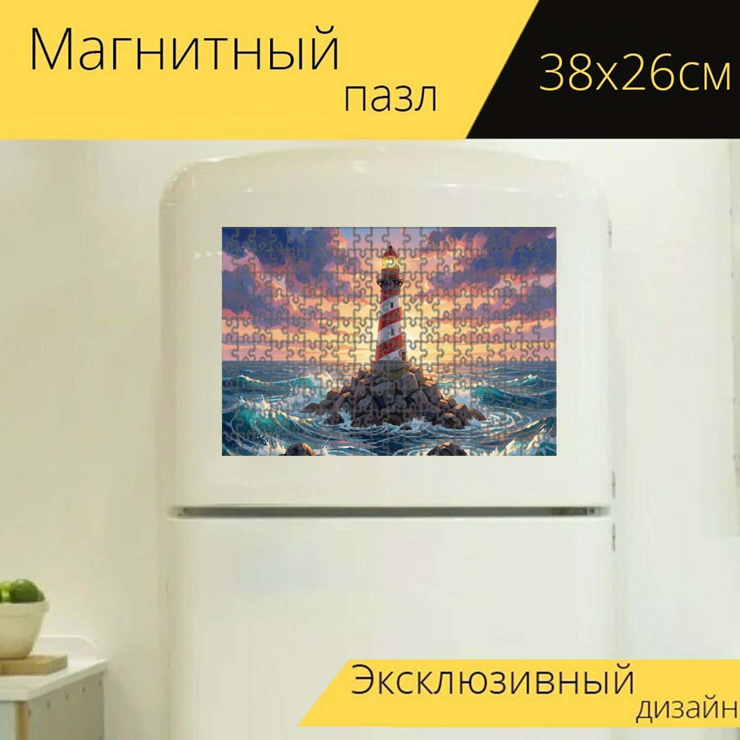 Магнитный пазл "Маяк на скалистом острове. Живописная морская сцена в стиле цифровой живописи: красно-белая башня на каменном утесе, бирюзовые волны." для интерьера, 38х26 см.