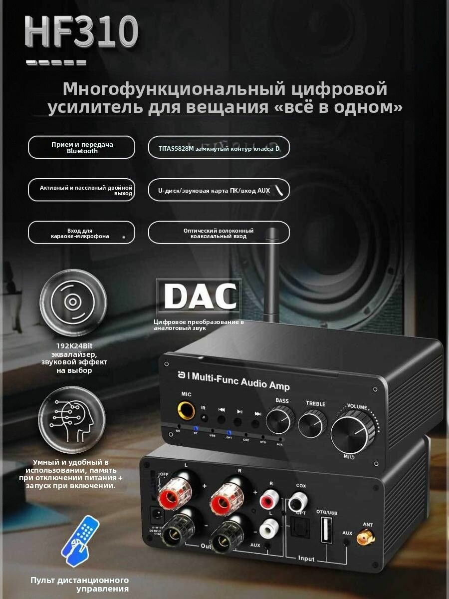 HF310B Цифровой усилитель класса D с Bluetooth 5.3 и оптическим входом (12V, 2x50W) для акустики Hi-Fi