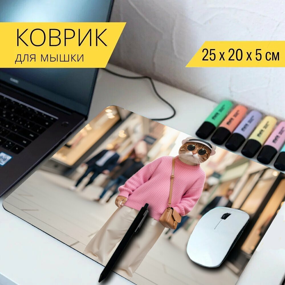 Коврик для мыши с принтом "Очаровательный кот в круглых солнечных очках и белой панаме, одетый в объемный розовый свитер, светлые свободные брюки и кеды, стоит во весь рост." 25x20см.