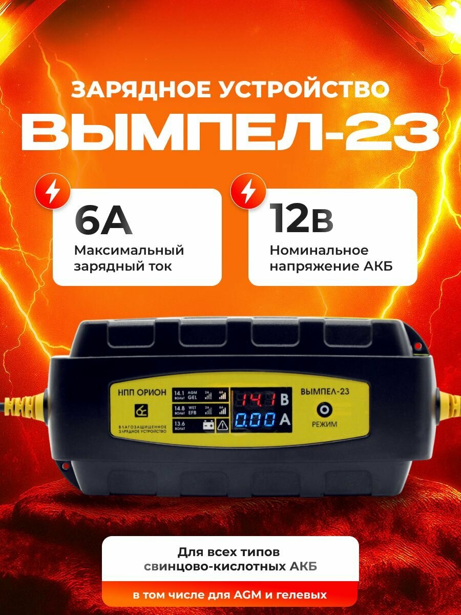 Зарядное устройство 6A 12V автоматическое (LCD дисплей, герметичный корпус) Вымпел 23 (вымпел)