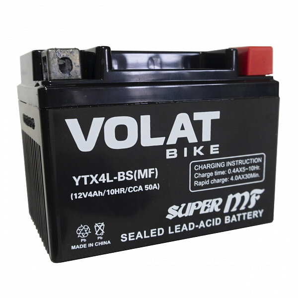 Аккумулятор мотоциклетный Volat 4Ah 50А YTX4L-BS ОП (MF) R+ (113x70x85) 113x70x85