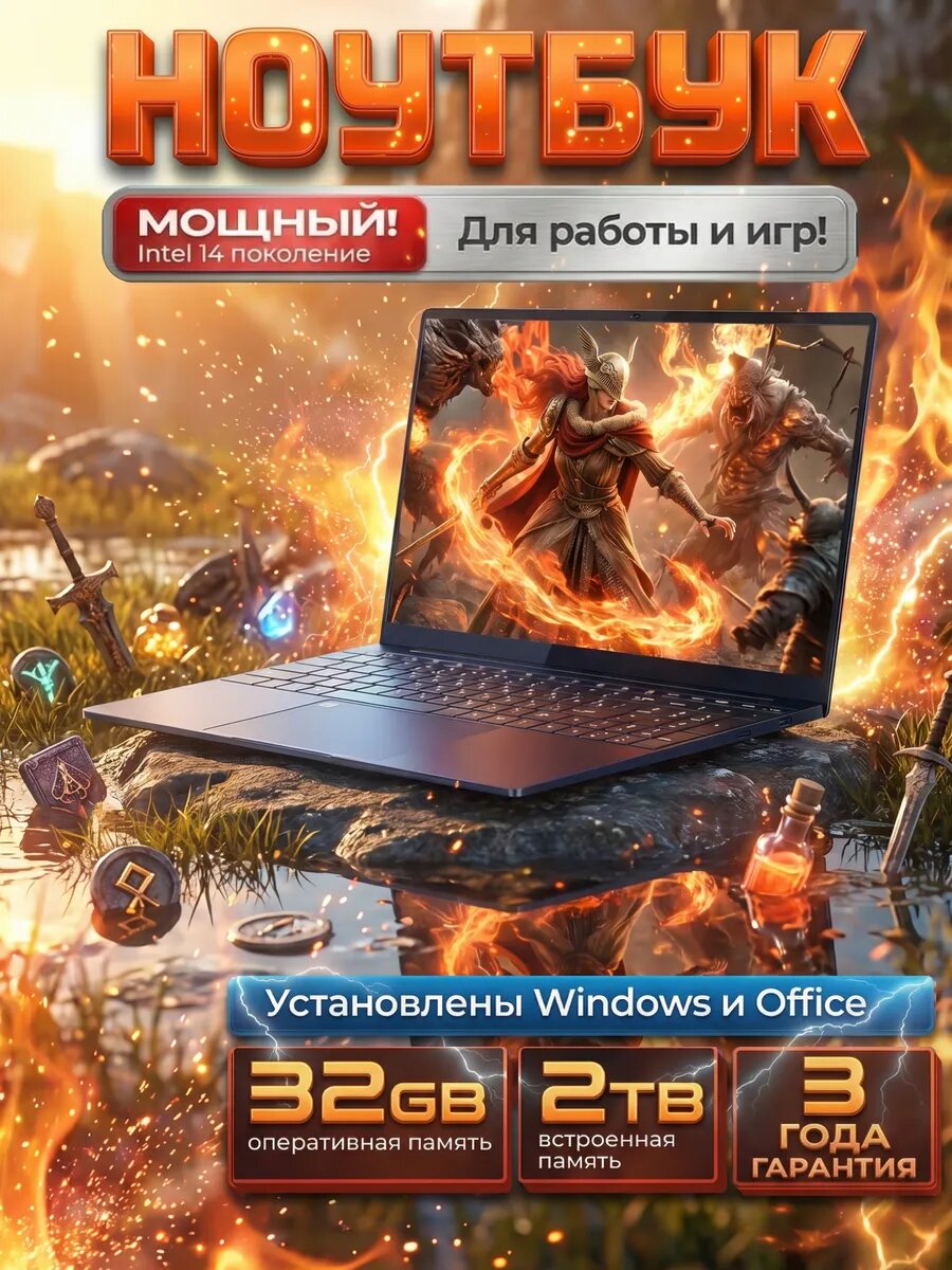 Ноутбук игровой 2026 Intel H-series, RAM 32GB, SSD 2048GB, IPS + Windows, Office